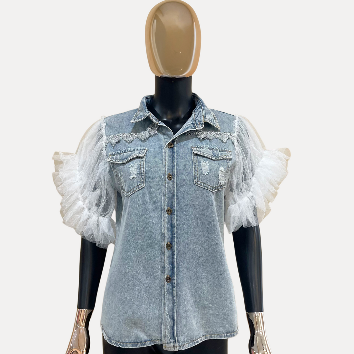 Ruffle Denim Shirt – GOLD x TEAL