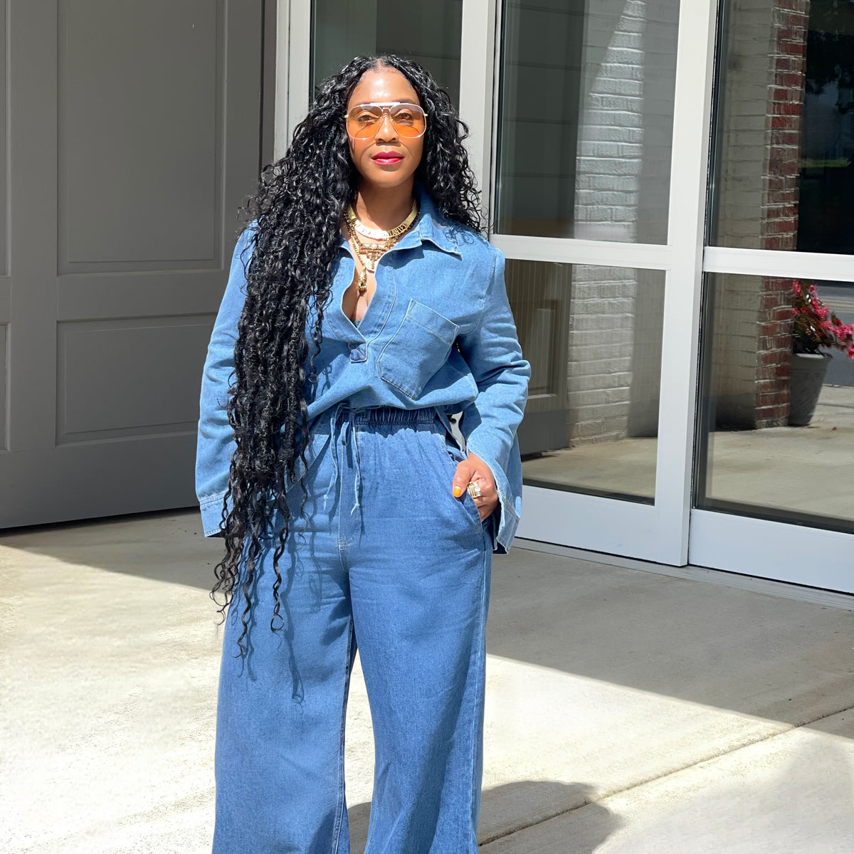 Denim Pant Set – GOLD x TEAL